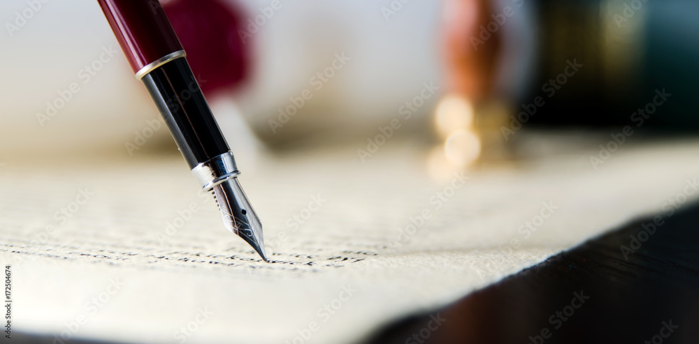 Law background theme. Fountain pen and handmade paper Stock Photo ...