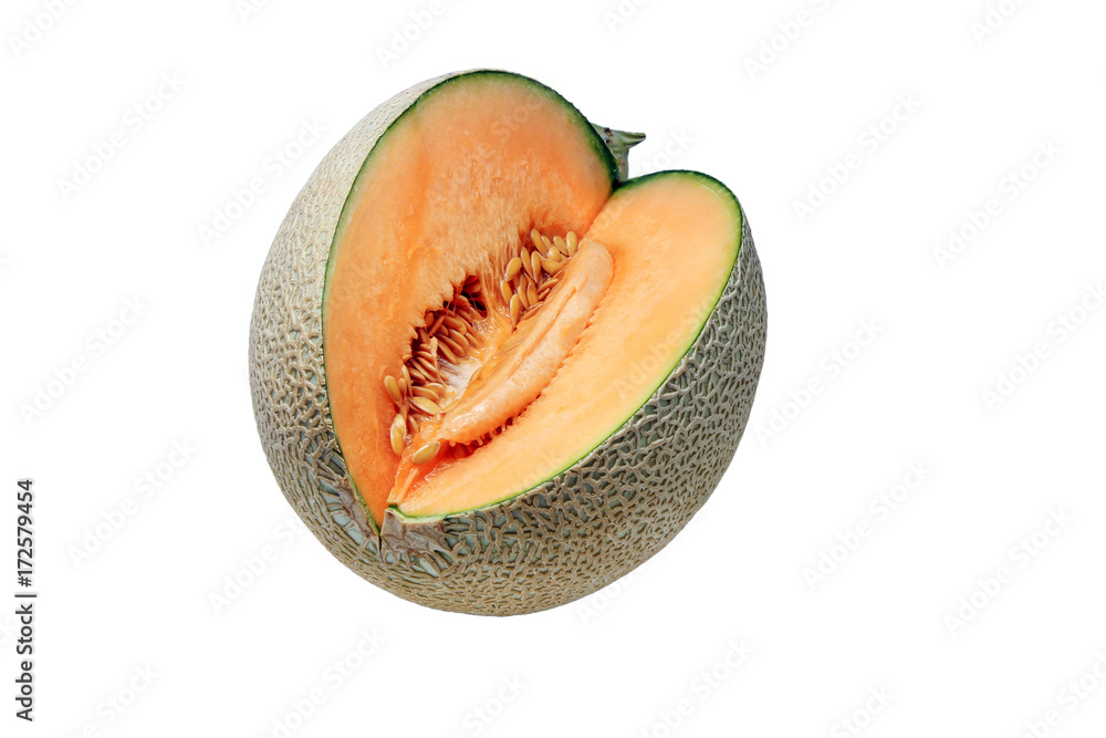 Cut of orange Melon to show the flesh,seeds and peel isolated on white ...