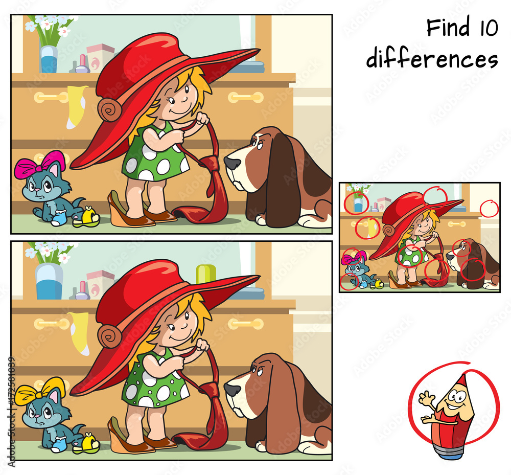 Little girl in her mother's clothes plays with her pets. Find 10 ...