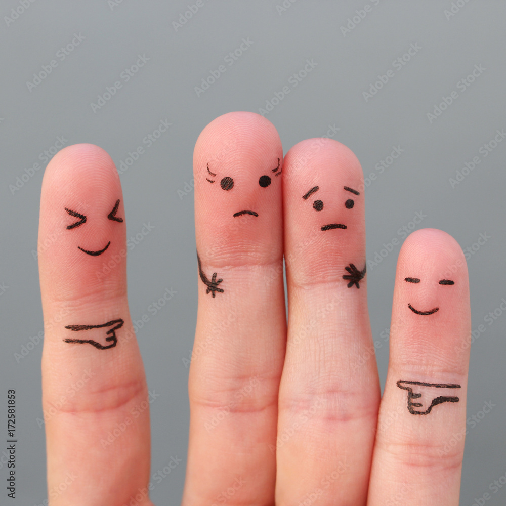 Fingers art of people. Concept woman taller than man, around laugh at ...