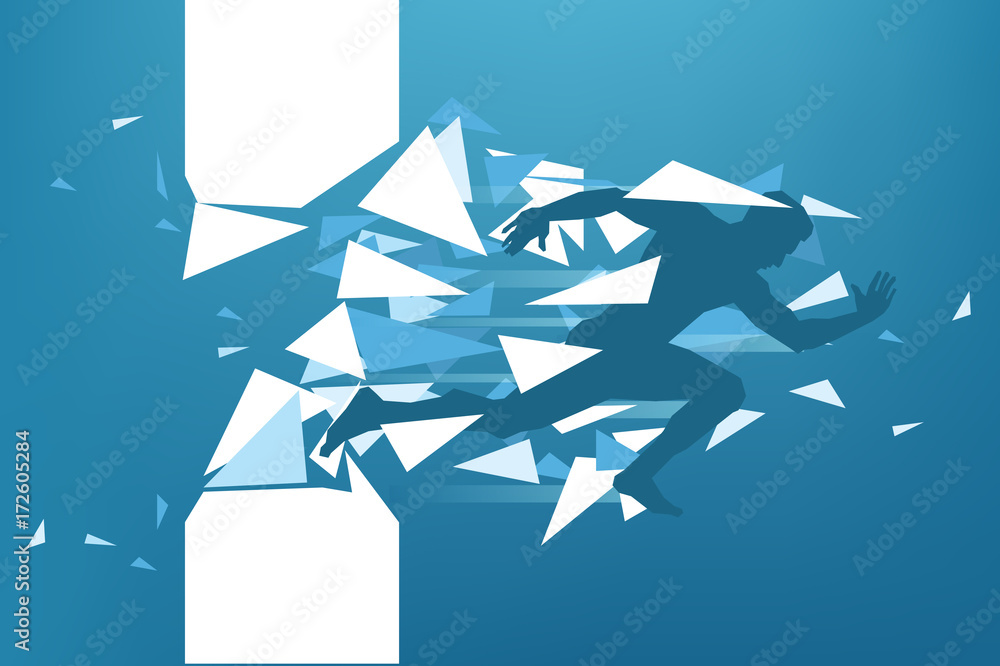 Power concept, running trough and breaking wall of obstacle. Conquering ...