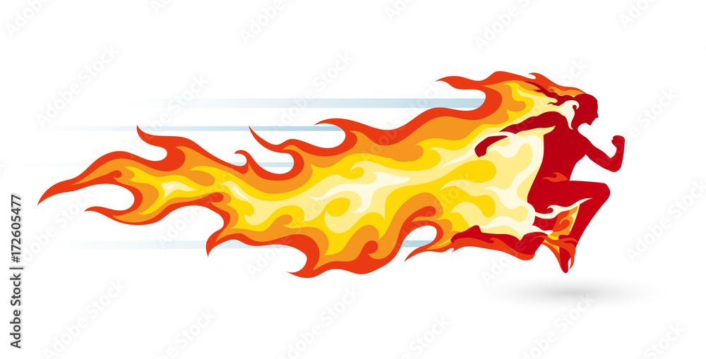 Vecteur Stock Concept of a running person in flames and fire symbol of ...
