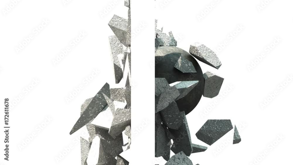 Metallic Wrecking Ball Shattering The Wall. Side View. 3D Animation ...