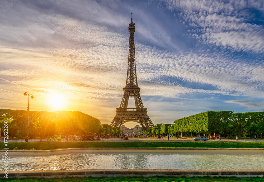 Paris Eiffel Tower and Champ de Mars in Paris, France. Eiffel Tower is ...