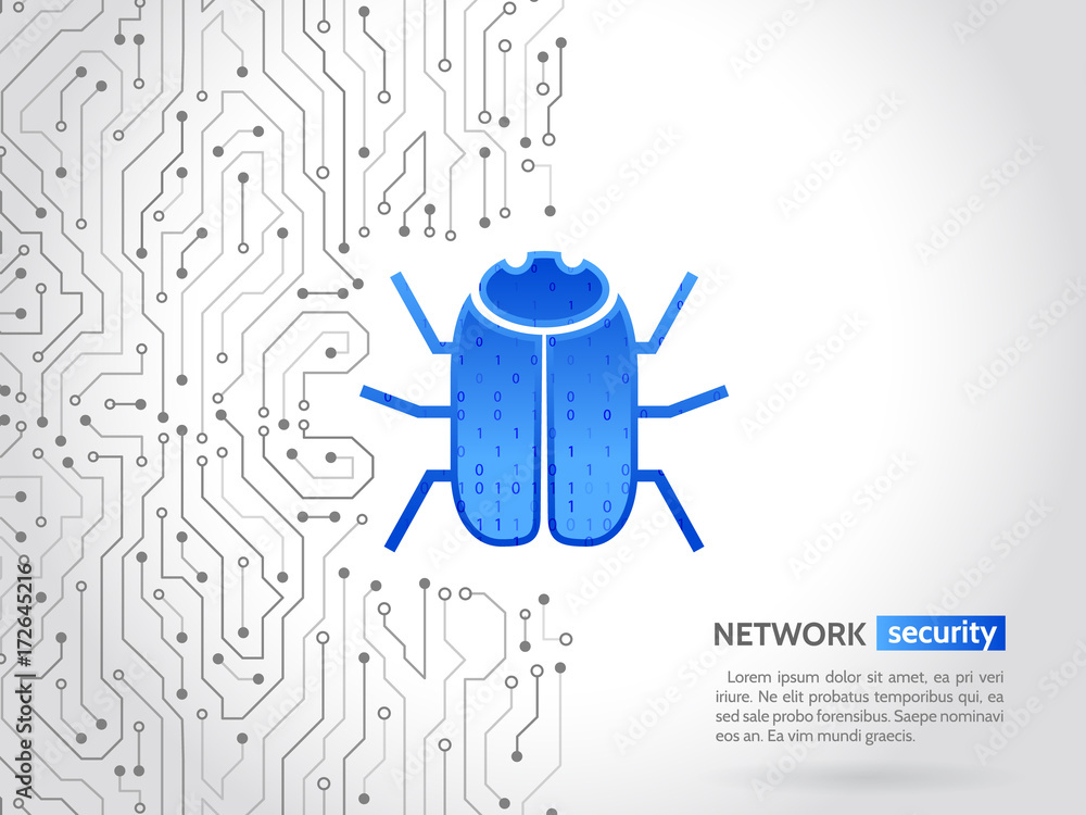 Abstract high tech circuit board with hacker bug. Hacking and cyber ...