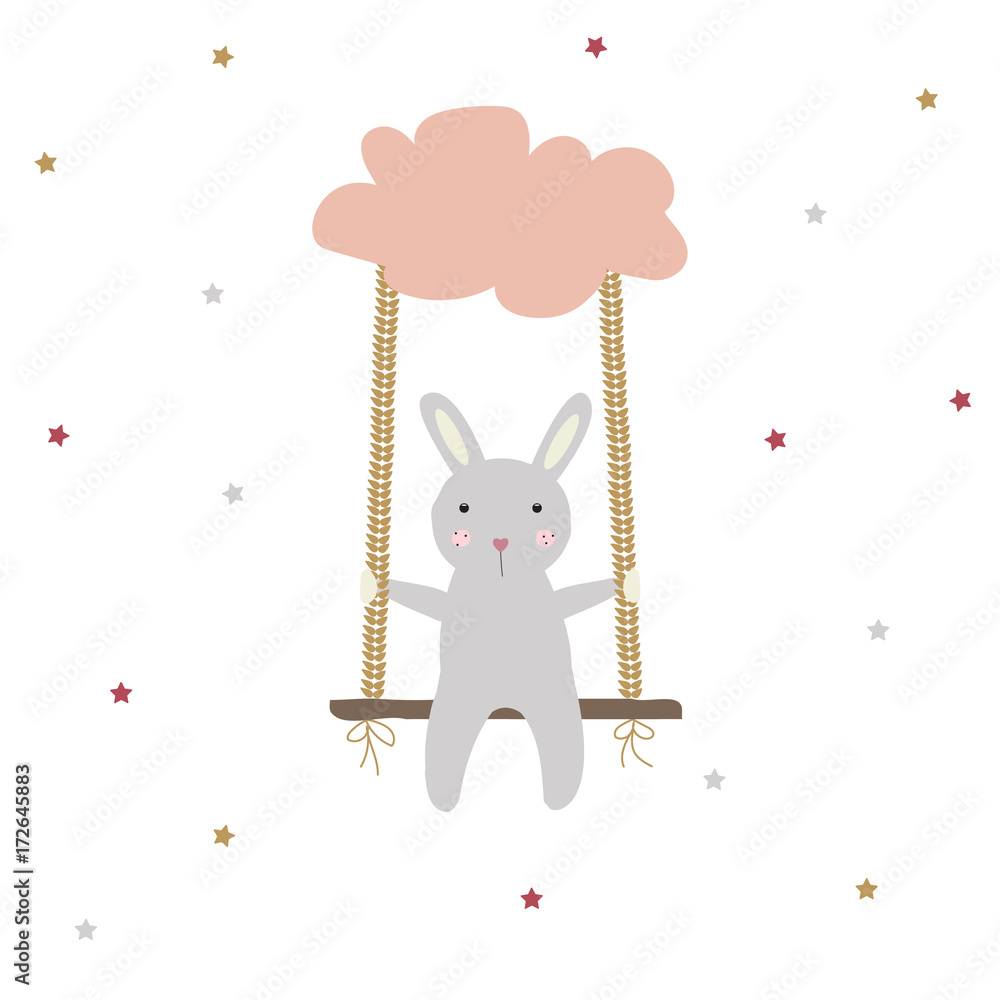 Cute little bunny sitting on a swing. Vector hand drawn illustration ...