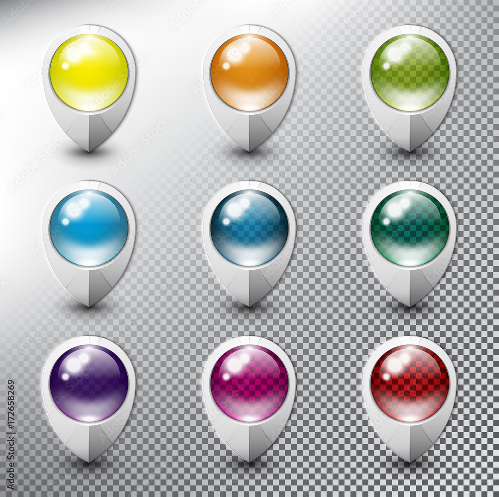 Collection of 9 blank map markers. Location icons. White with ...