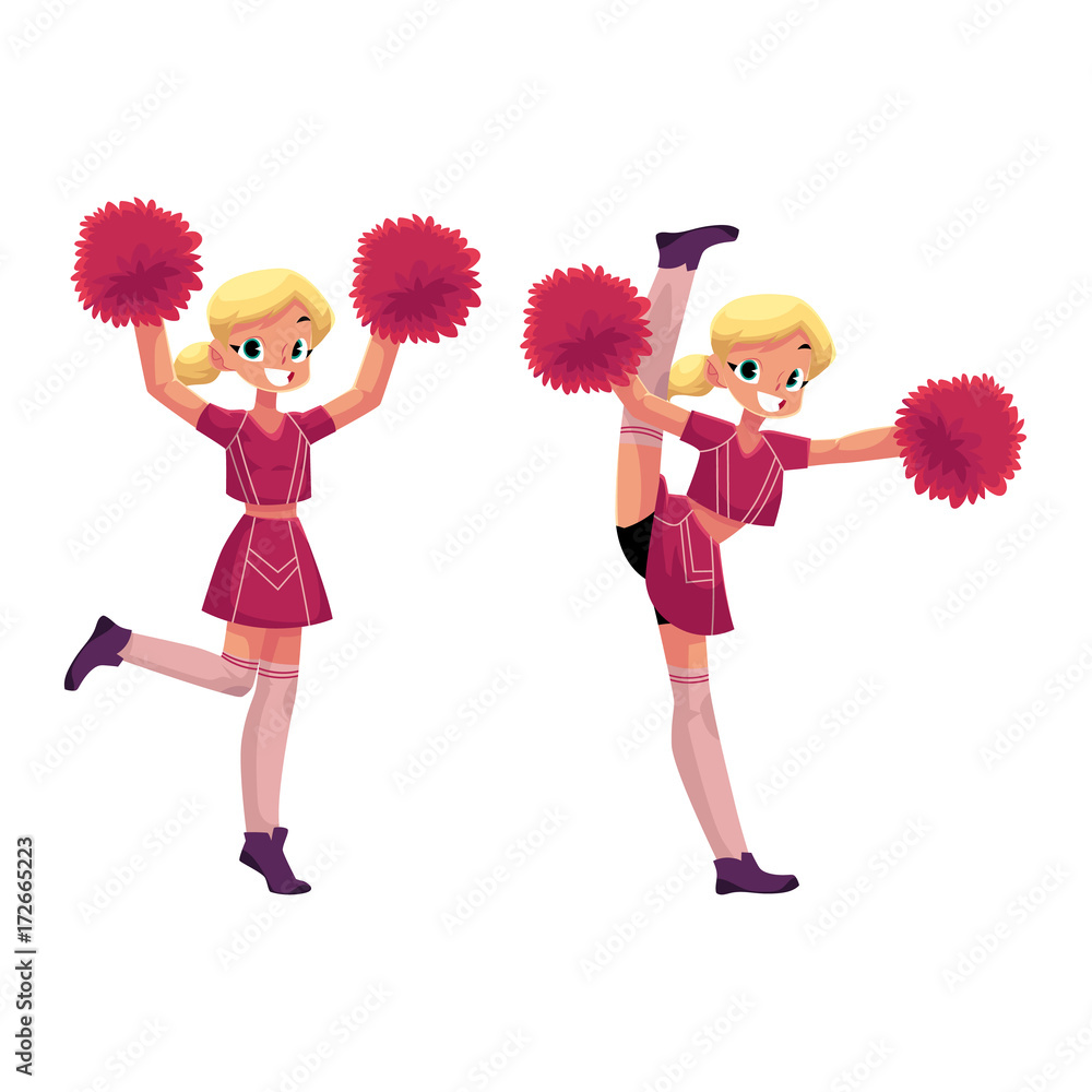 vector cartoon smiling cheerleader blond girl character dancing with ...