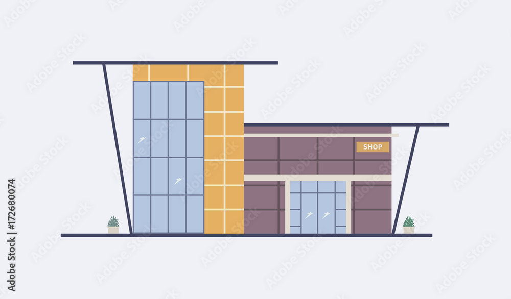 Cartoon city building of shopping mall with large panoramic windows ...