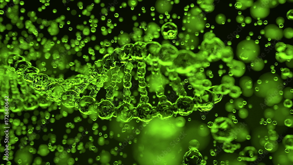 Destruction of green transparent DNA molecule model, 3D rendering. Harm ...