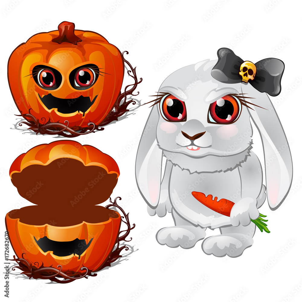 White rabbit with red eyes, black bow and carrot and Halloween pumpkin ...