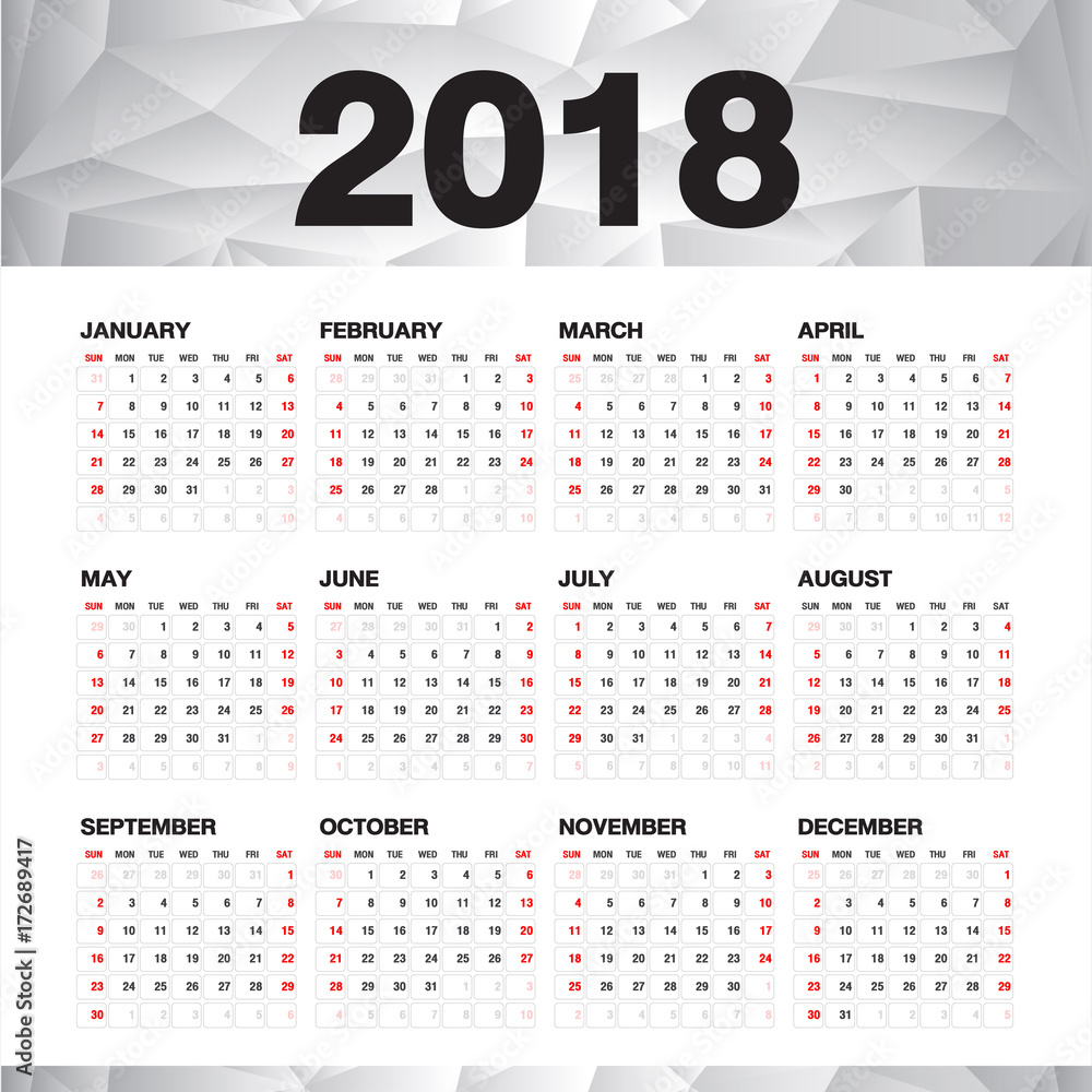 Simple calendar for 2018 Year, Week Starts Sunday, silver flyer ...