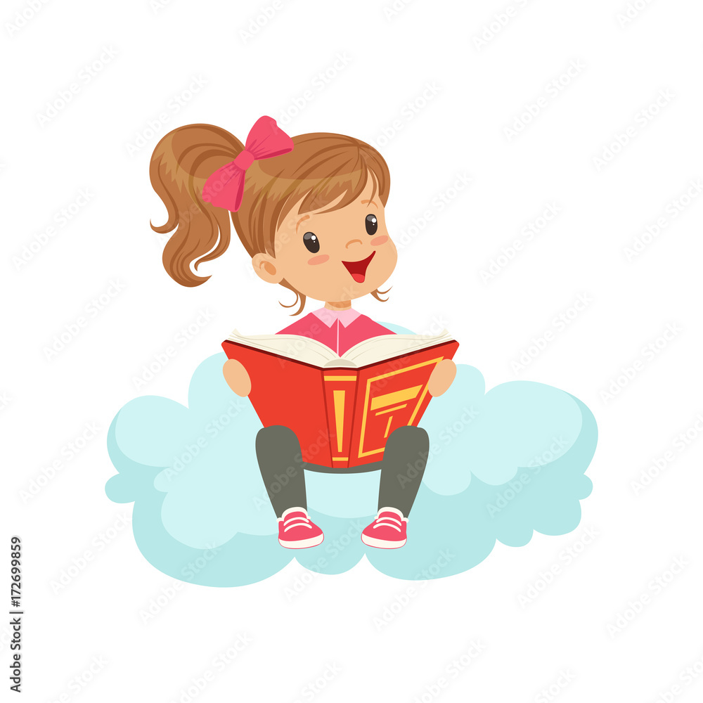 Sweet little girl sitting on cloud reading a book, kids imagination and ...