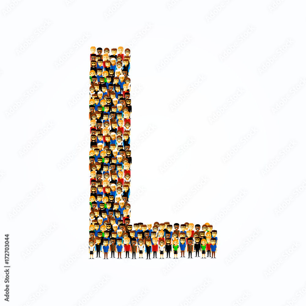 A group of people in the shape of English alphabet letter L on light ...