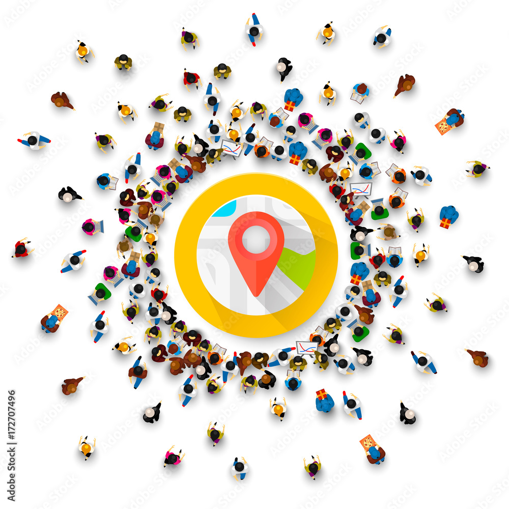 people surround the location point of collection. Vector illustration ...
