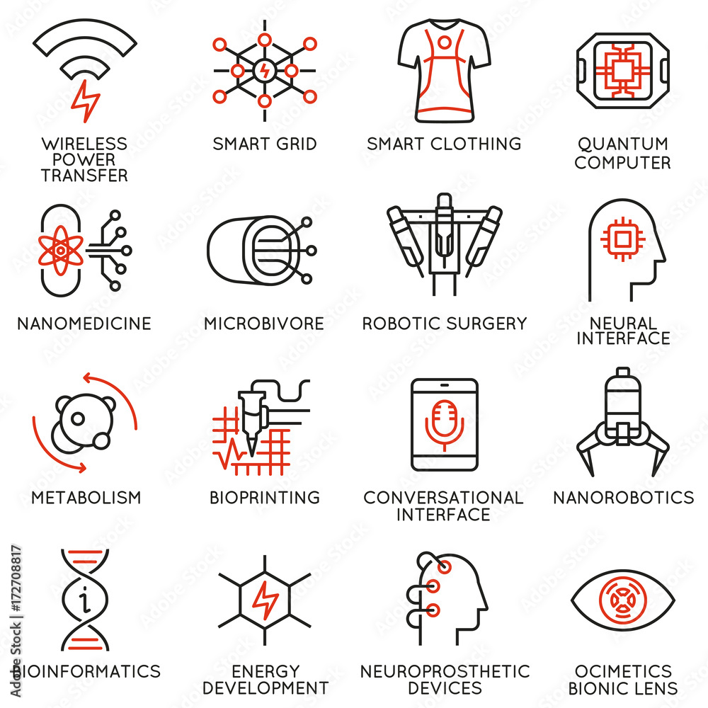 Vector set of 16 thin linear icons related to innovation in technology ...