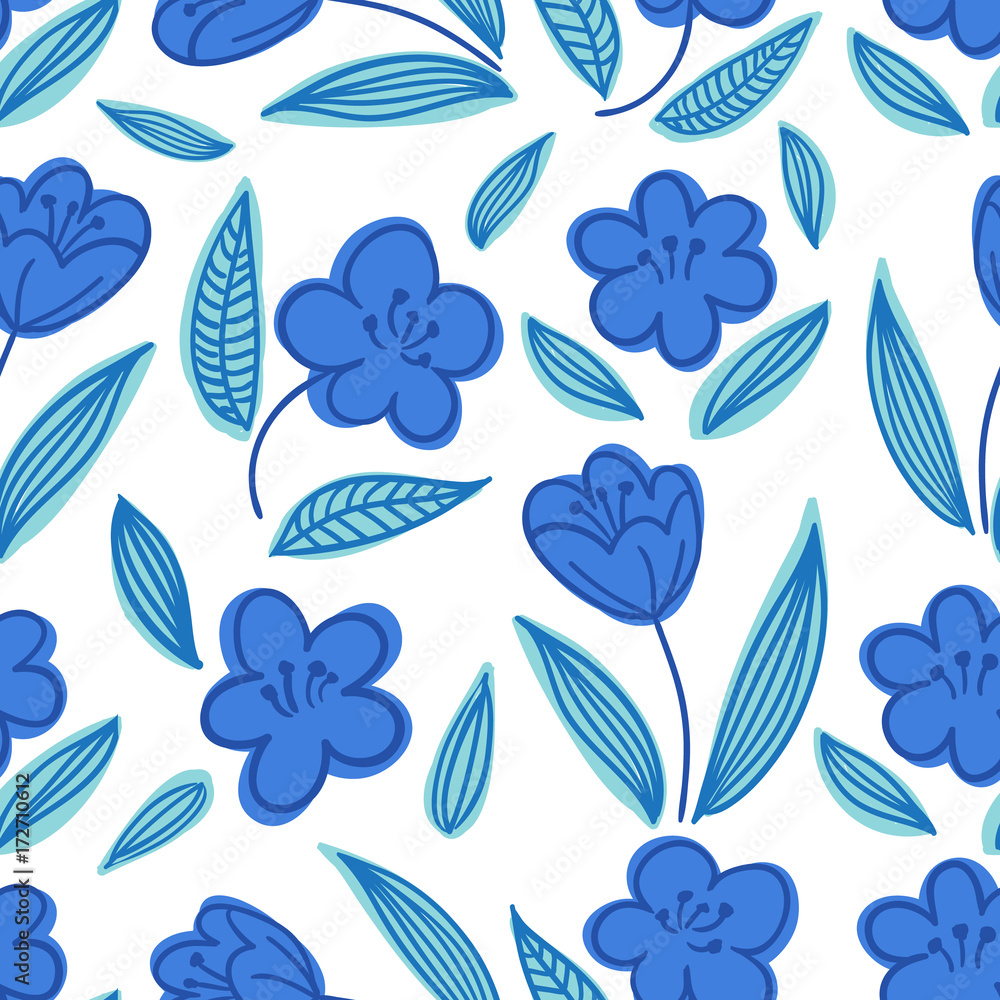 Cute seamless hand-drawn floral pattern with blue flowers on white ...