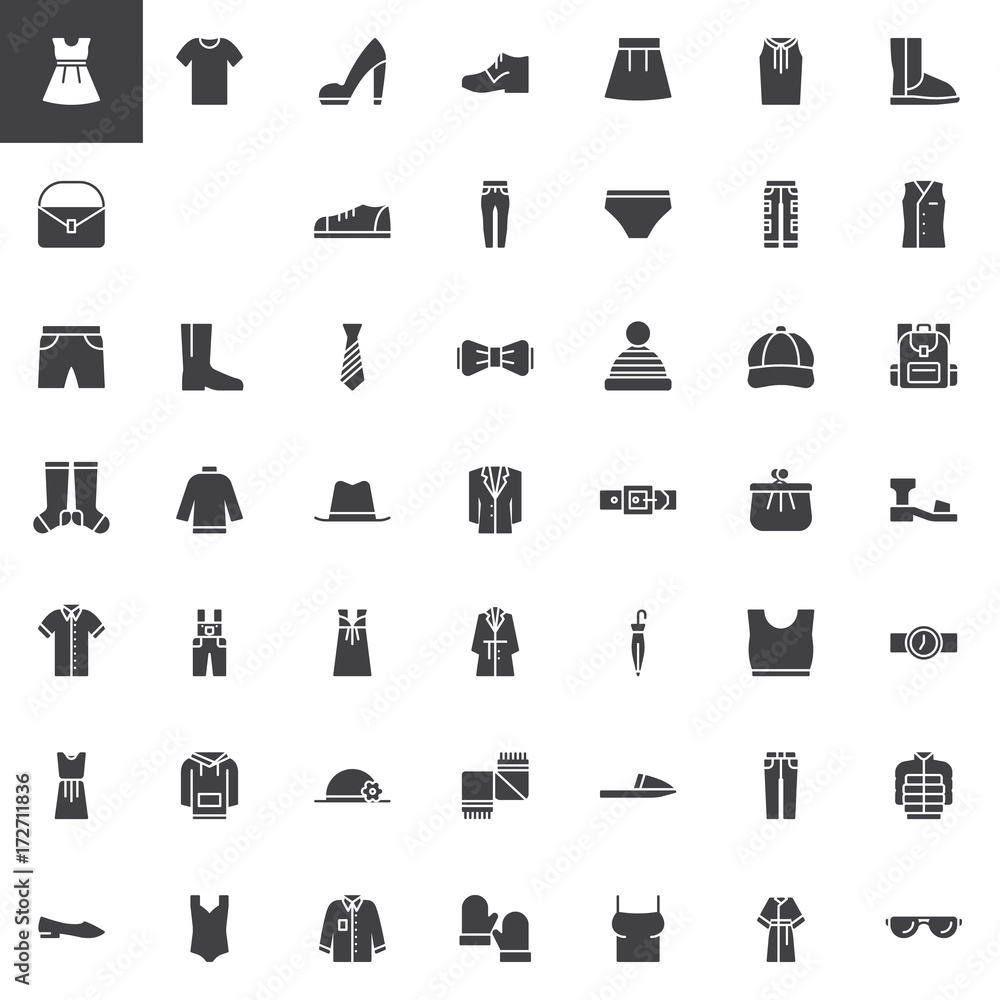 Clothes and accessories fashion vector icons set, modern solid symbol ...