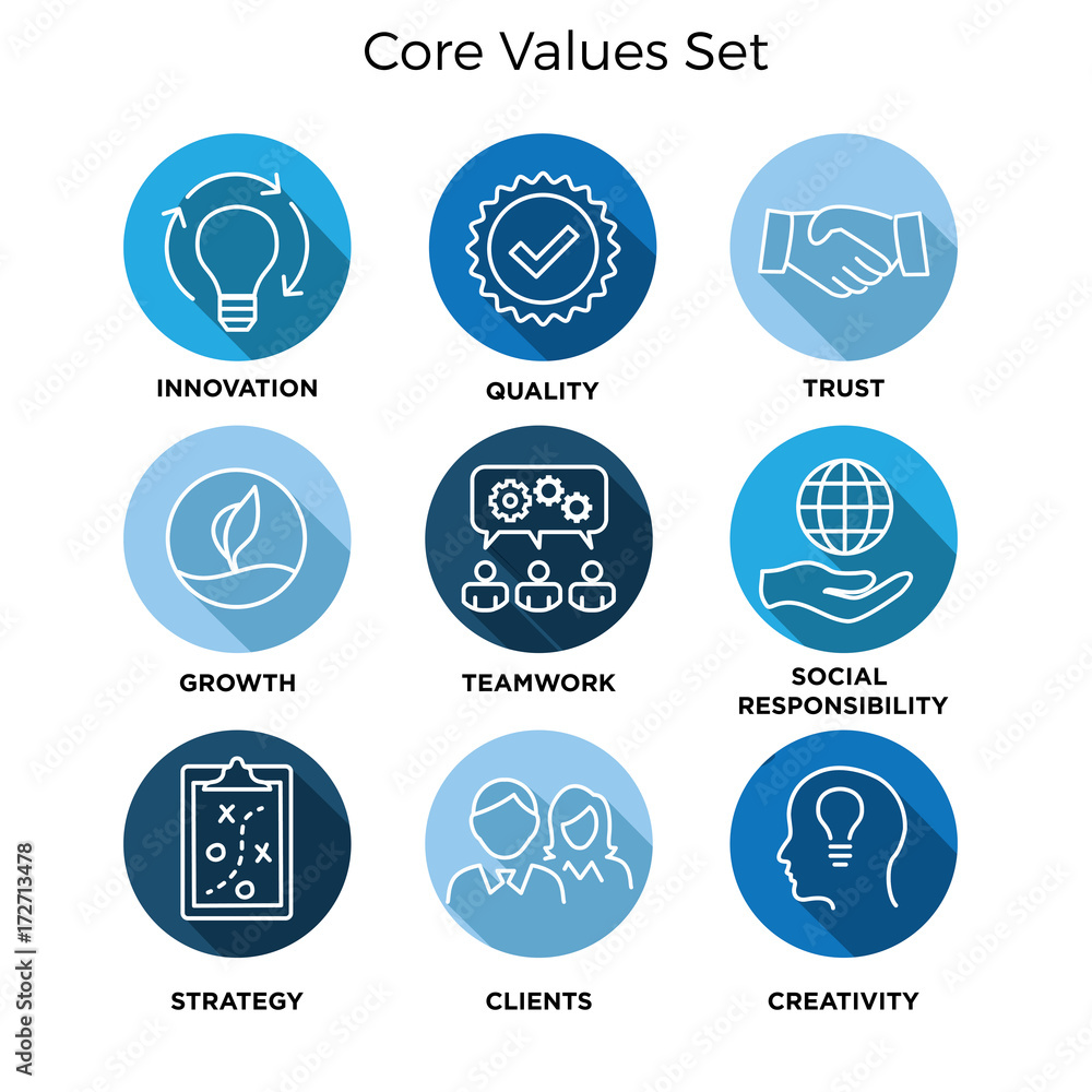 Core Values - Mission, integrity value icon set with vision, honesty ...