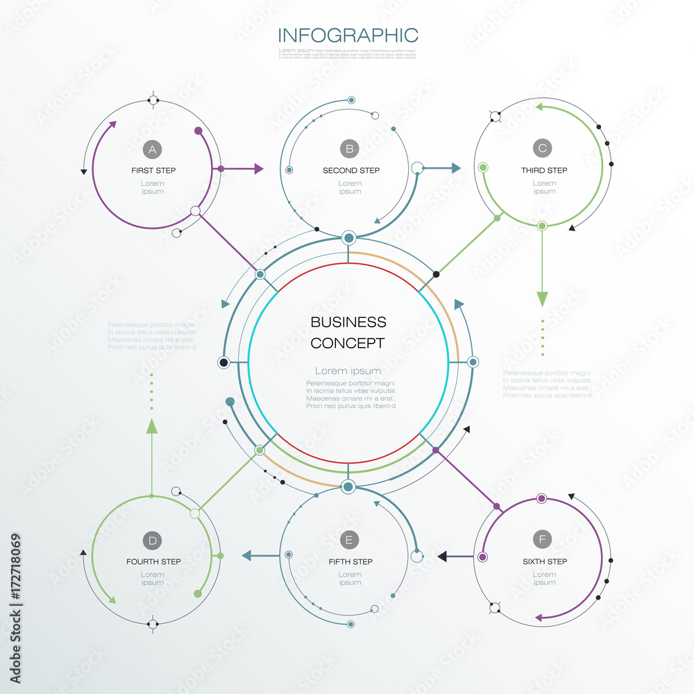 Infographic template, circle design with arrows sign and 6 options or ...