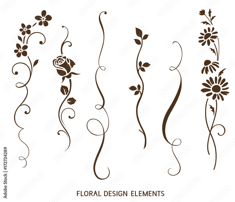 Vetor de Set of vertical calligraphic elements and flower silhouette ...