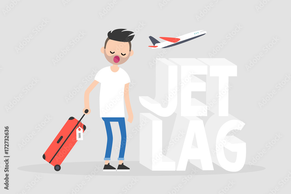 Jet lag conceptual illustration. Young exhausted character yawning at ...