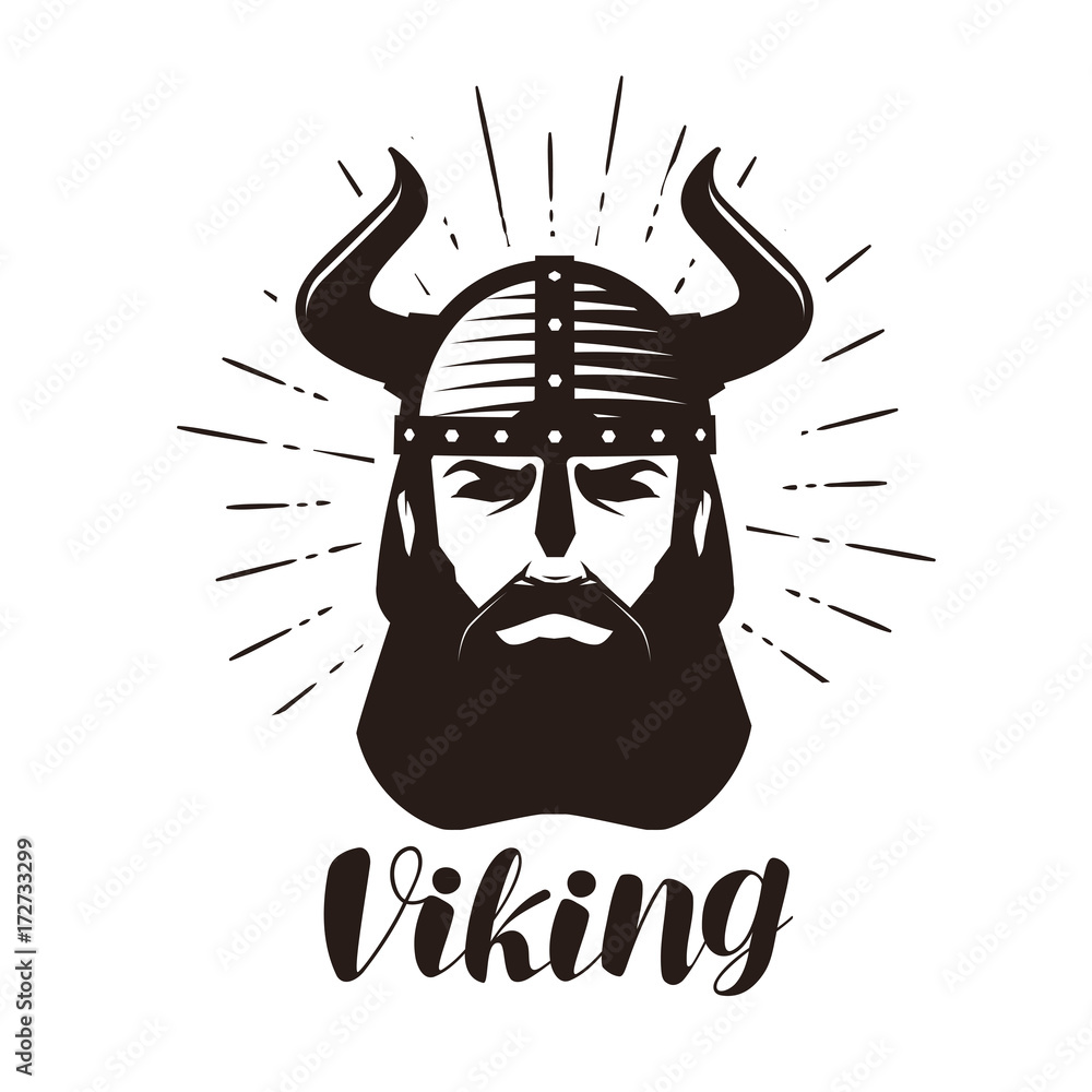 Viking logo or label. Portrait of bearded man in helmet with horns ...