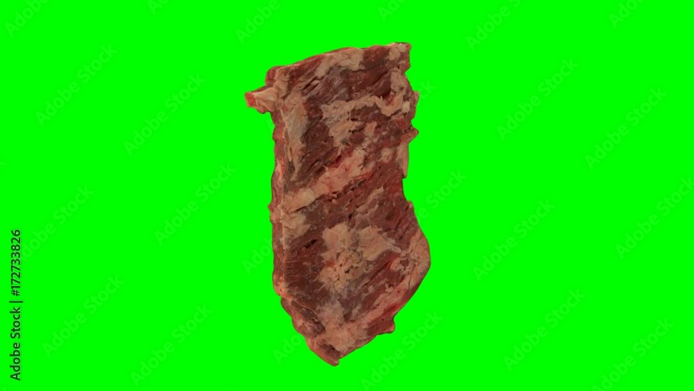 Animated spinning realistic boneless raw Skirt Beef Steak against green ...