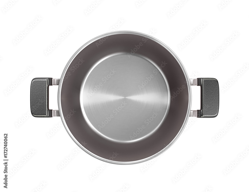 Stainless steel cooking pot, top view isolated over white background ...