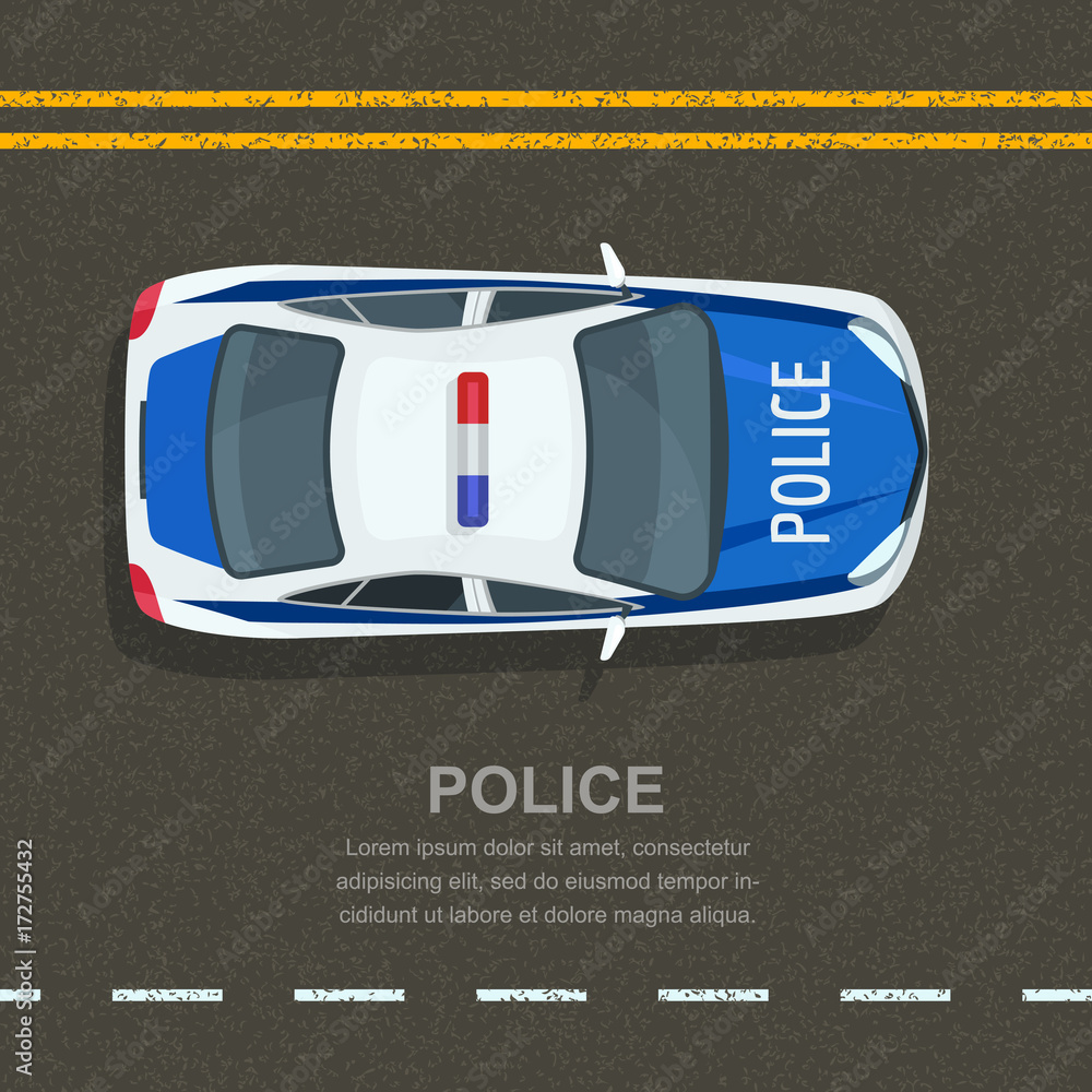 Road police patrol, vector illustration. Police car on asphalt road ...