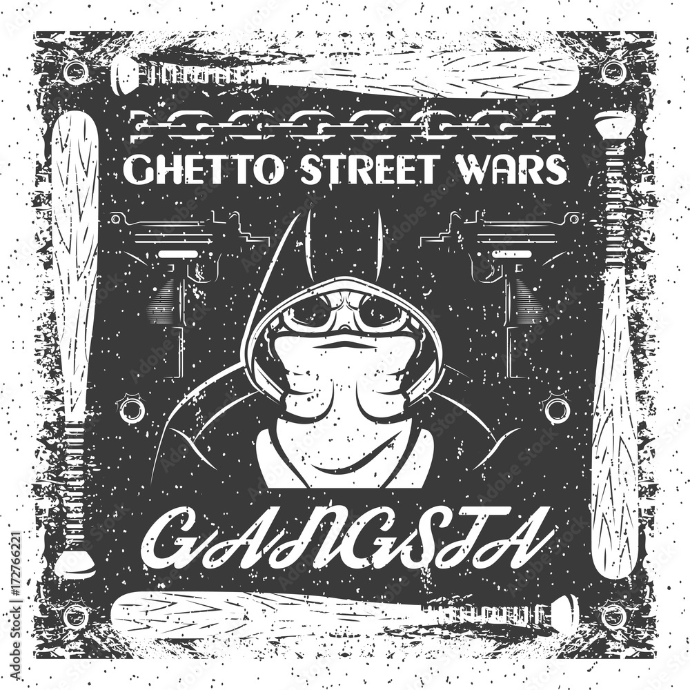 Vintage gangsta poster. Skull in bandana and hoodie typographic for ...