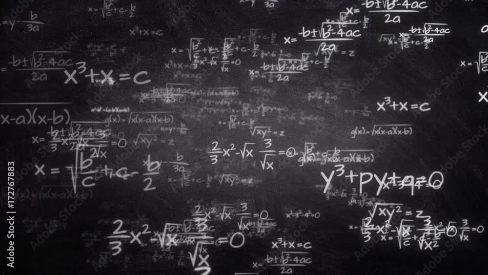 Handwritten mathematics formulas flying from chalkboard towards camera ...