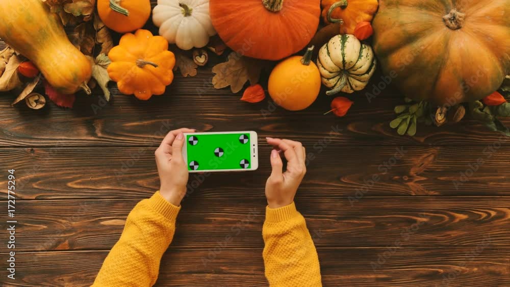Autumn composition of beautiful pumpkins and white smartphone with ...
