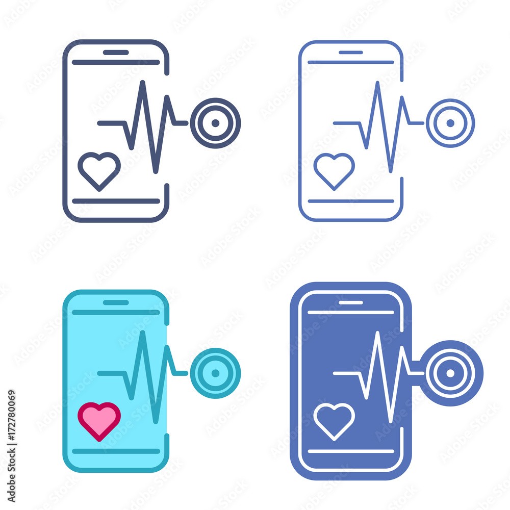 Mobile phone with stethoscope and heartbeat symbol. Vector outline icon ...