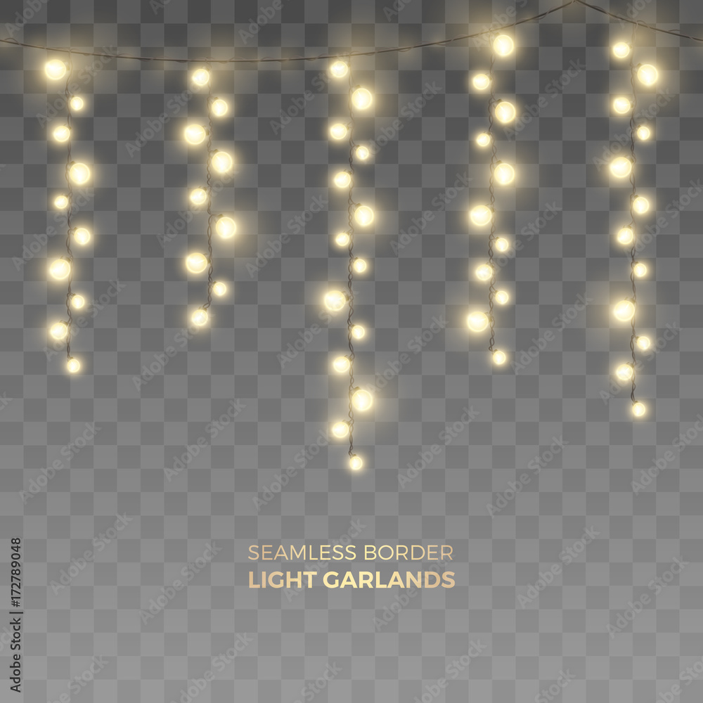 Vector seamless horizontal border of realistic yellow light garlands ...
