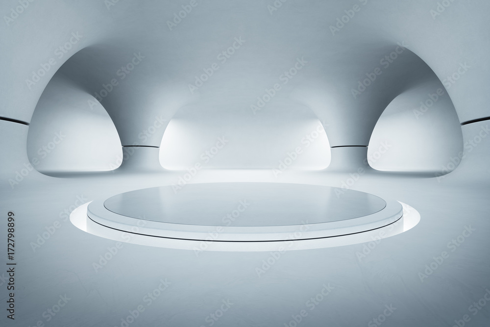 Abstract interior design of modern showroom with empty white floor and ...