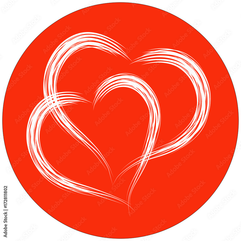 Two heart shapes with brush painting on red circle background Stock ...