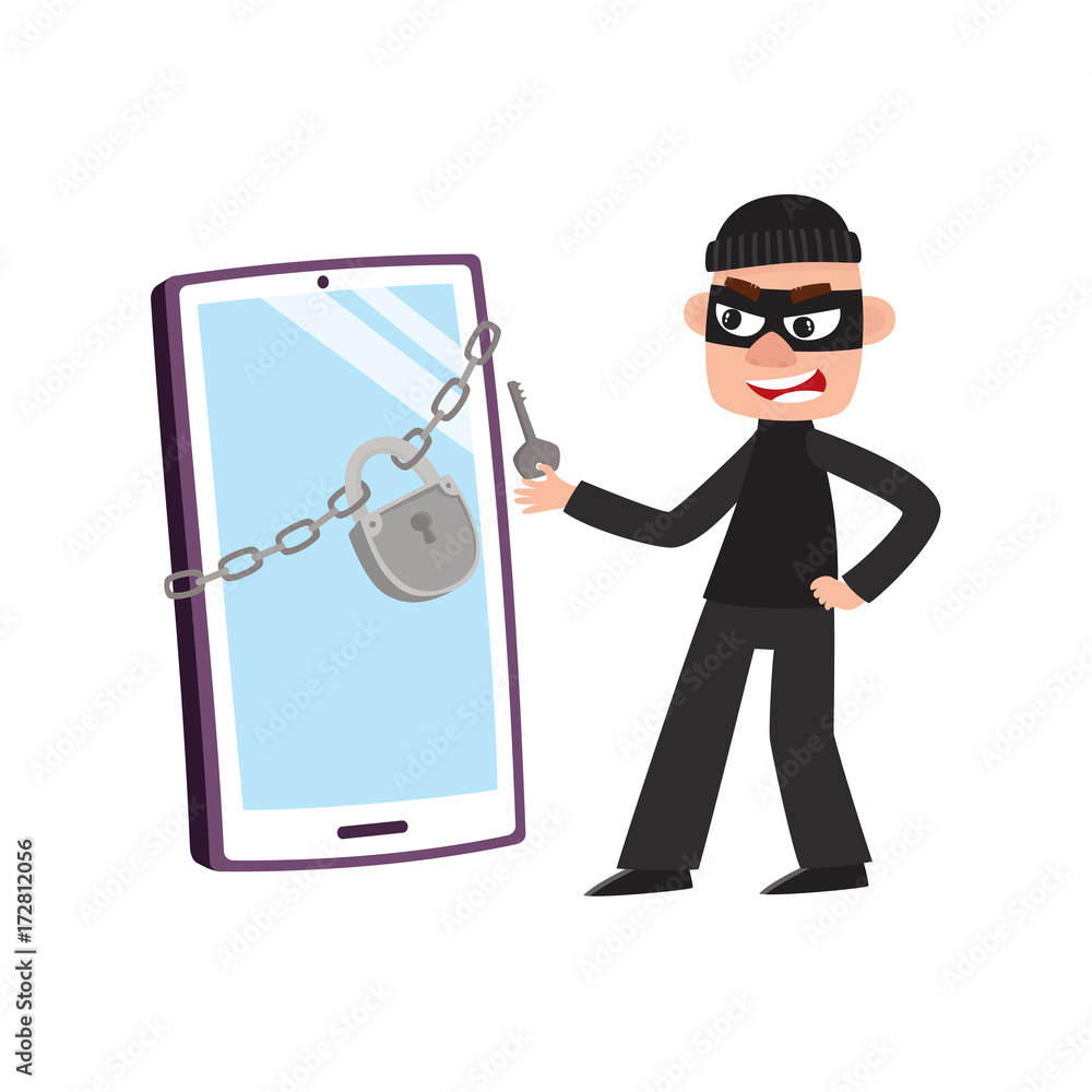 Vecteur Stock Hacker in mask and huge, giant phone, smartphone with ...