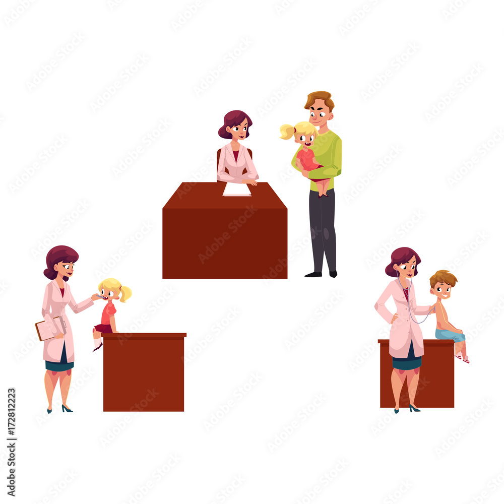 Set of woman pediatrician, doctor doing medical exam, checkup for kids ...