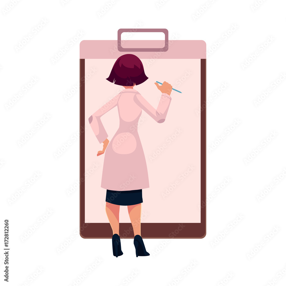 Young woman doctor writing in huge, giant medical card, patient chart ...