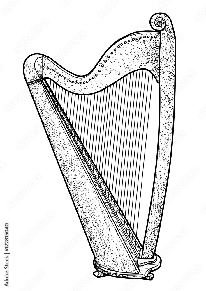 Harp illustration, drawing, engraving, ink, line art, vector Stock ...