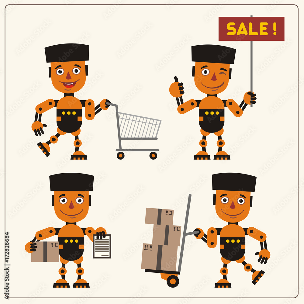 Collection icons with orange robot: shop cart, sale, delivery ...