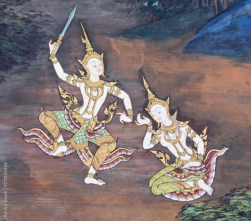 Rama and Sita - ancient murals in Wat Phra Kaew in Bangkok, Thailand ...