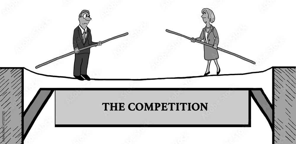 Business cartoon illustration showing two competitors walking a ...
