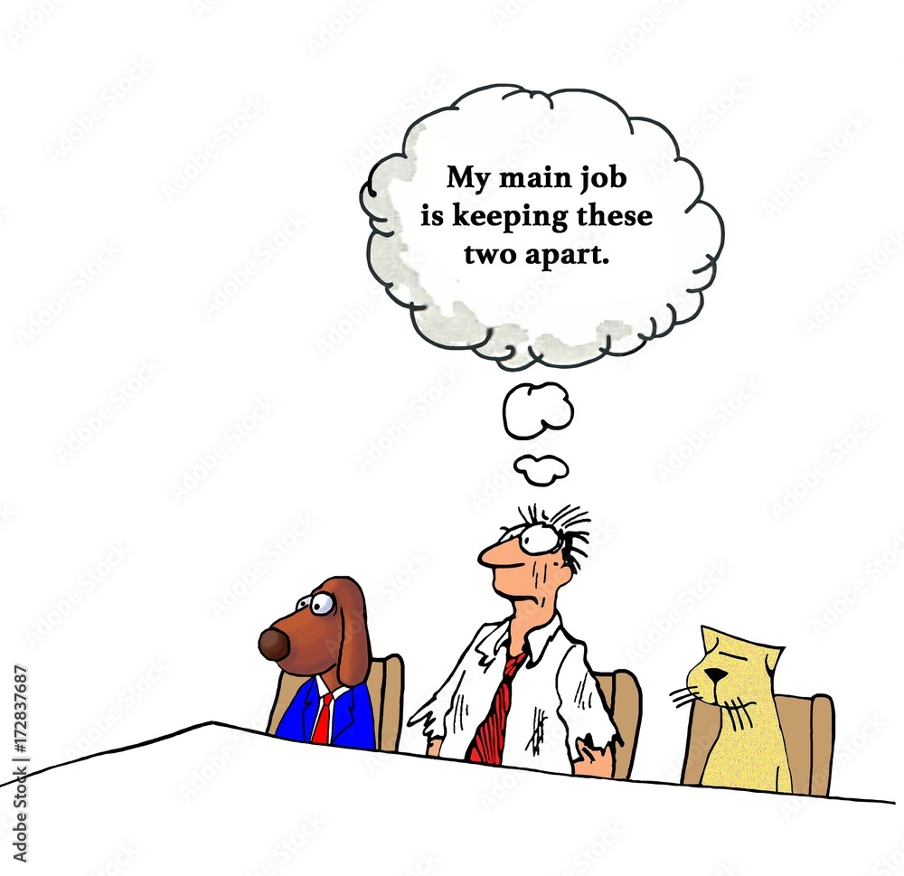 Business cartoon showing a disheveled man trying to keep two irritable ...