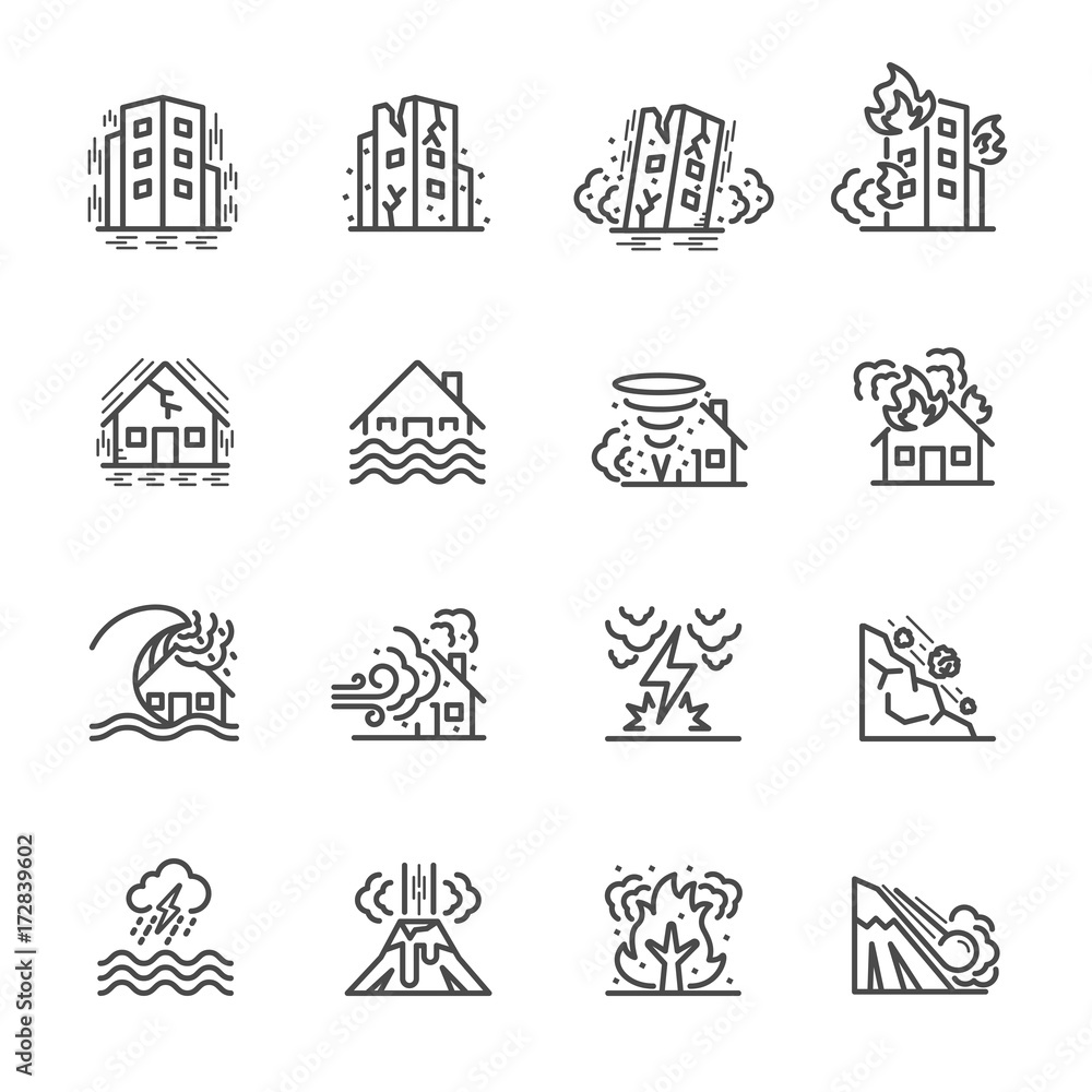 Poster Natural Disaster, Vector illustration of thin line icons for ...