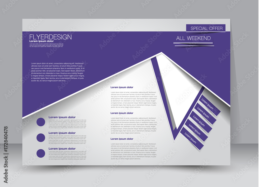 Purple landscape wide flyer or brochure template. Billboard abstract ...