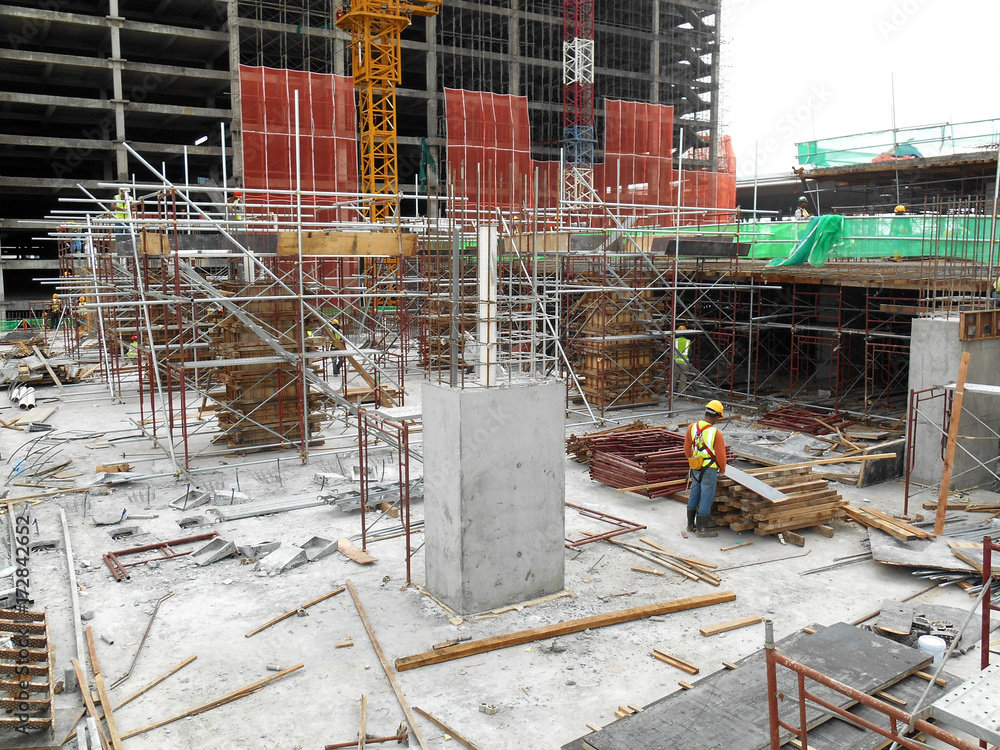 Casted concrete column at the construction site. Provided protruding ...
