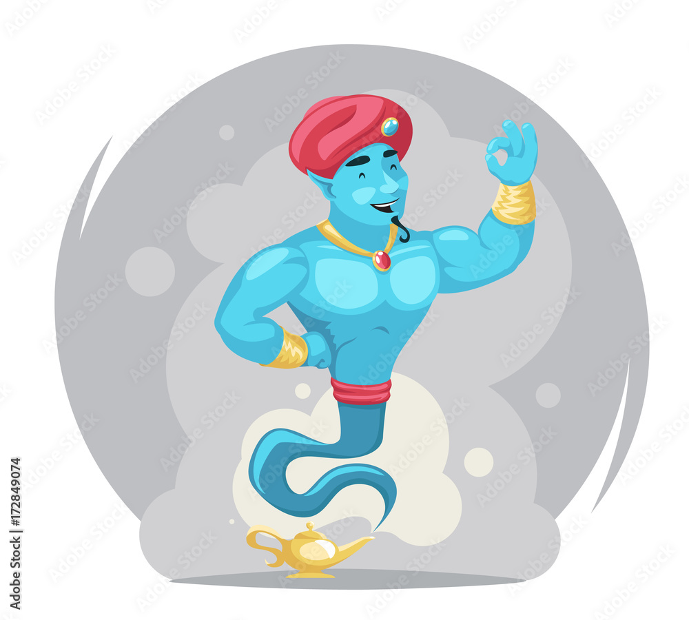 Arabian genie turban magic lamp smoke cartoon characters set wish ...
