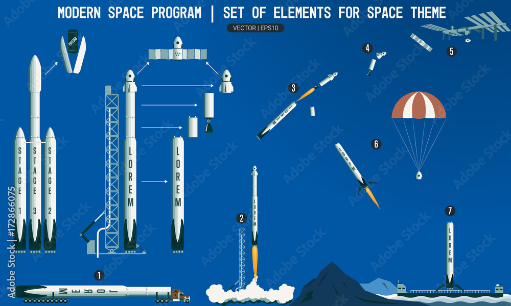 Set of elements for space subject. modern space program. rocket, launch ...